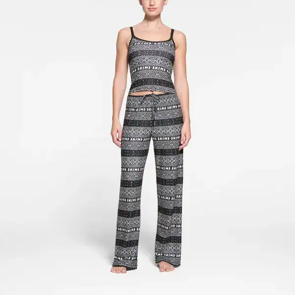 Skims Logo Plush Pointelle Straight Leg Pant - Onyx Fair Isle